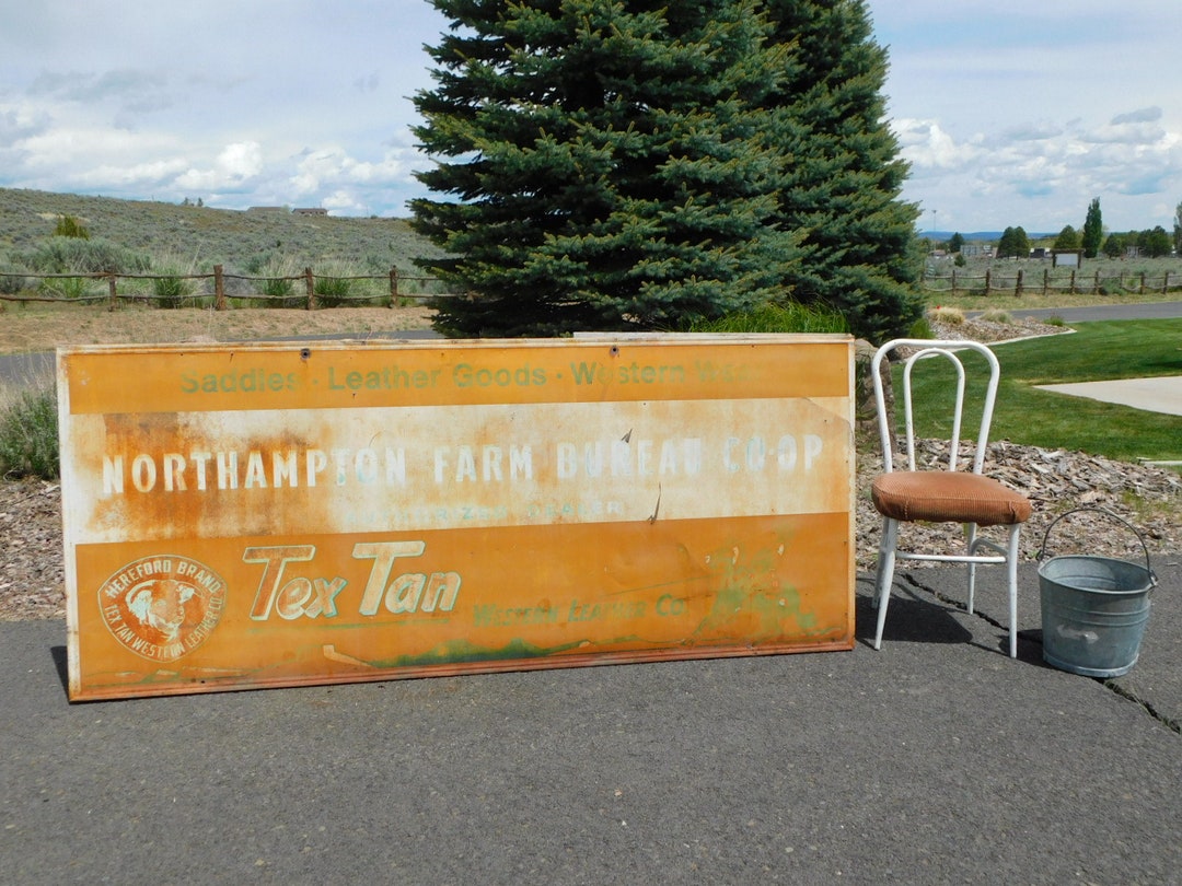 Antique Rare 7 Ft Tin Store Sign Tex Tan Western Leather Farm Bureau ...