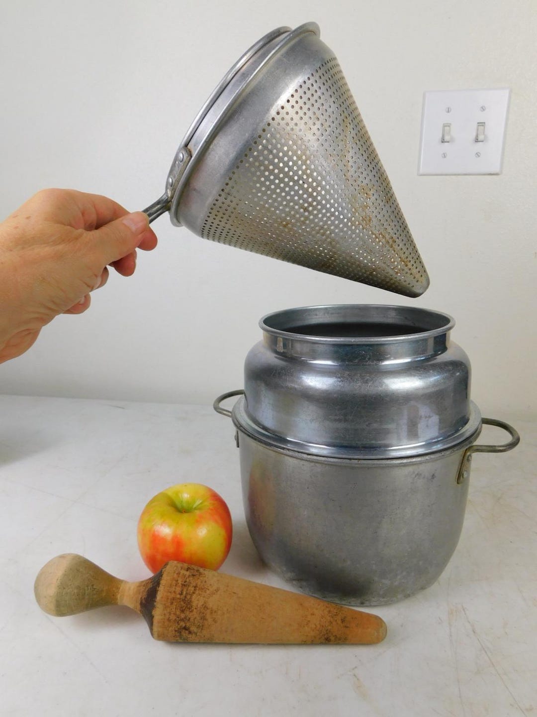 RARE Vintage Antique 3 Part Cone Sifter Strainer Colander W Pot & Wood ...