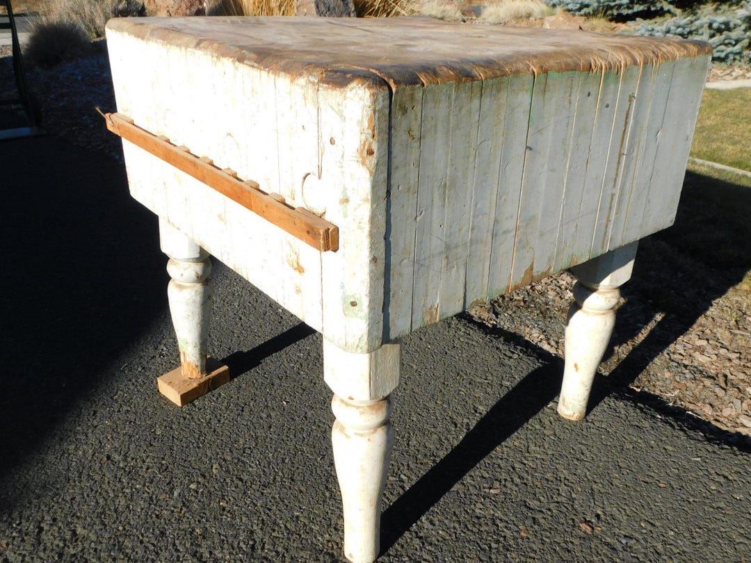 1890s Rare Antique Butcher Block Table Turned Legs 32x32 Western Ranch ...