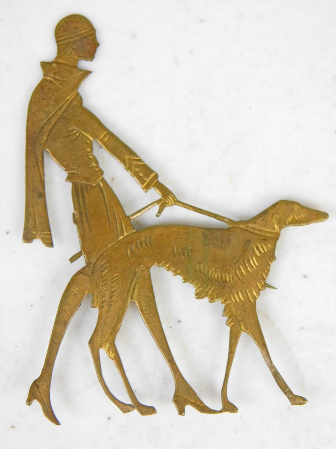 Antique Vogue Pin 1930s Art Deco Flapper Woman Walking Borzoi Dog Brass ...