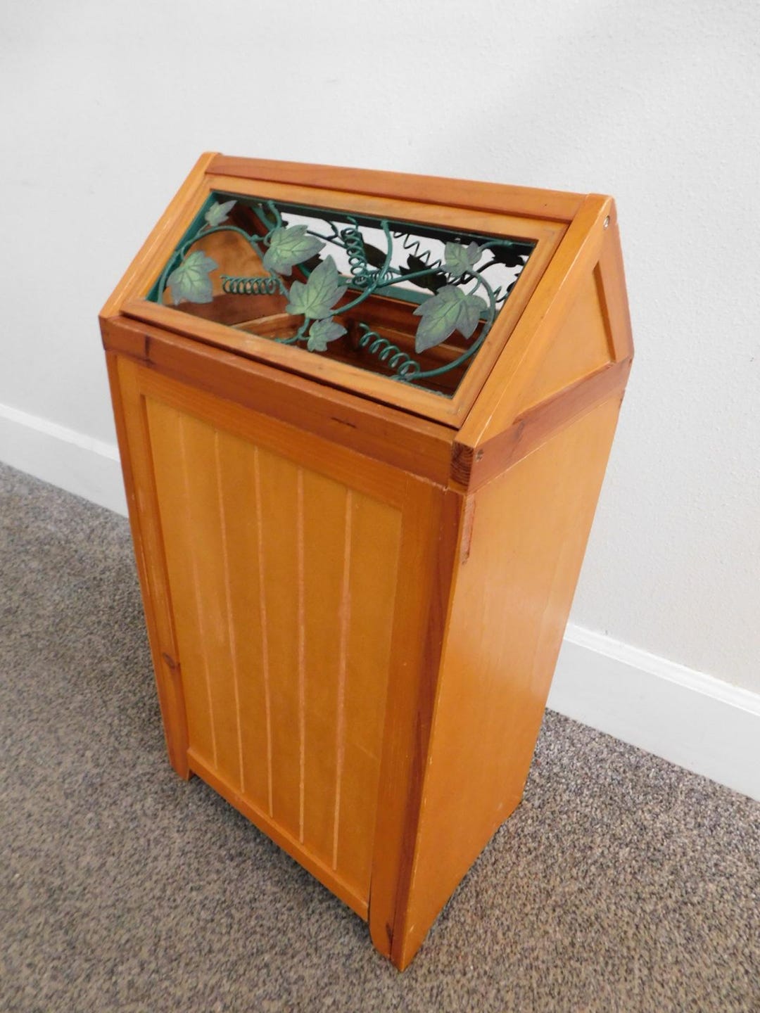 Nice Slat Wood Waste Trash Bin Basket Cover Cherry Finish Green Metal ...