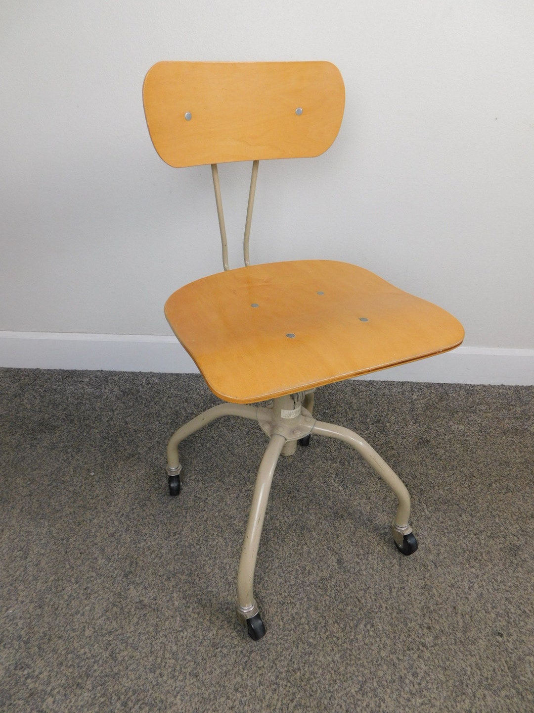 Vintage MCM Drafting Task Bevco Rolling Lab Office Desk Chair Plywood ...