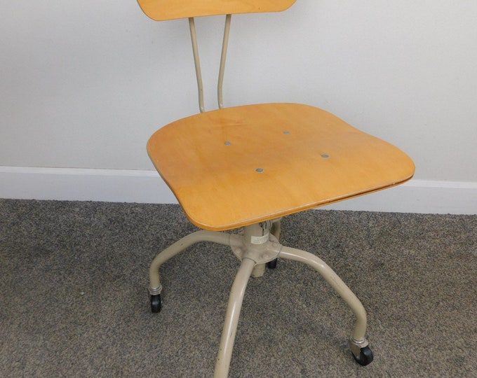 Vintage MCM Drafting Task Bevco Rolling Lab Office Desk Chair Plywood ...