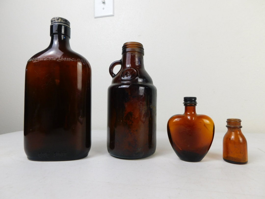 4 Antique Amber Brown Glass Bottles Vicks Heart Apothecary JV Medicine ...