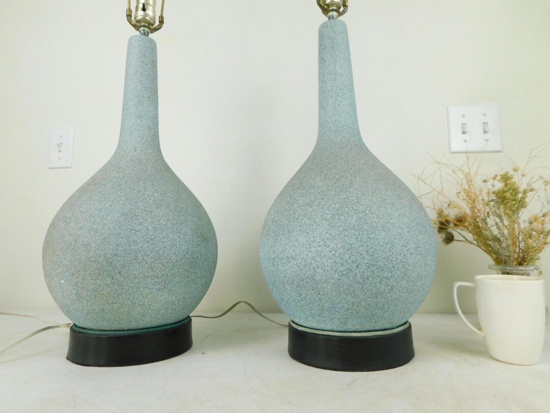 Pair Mid Century Modern Gourd Table Lamps Art Pottery Retro Atomic Blue ...