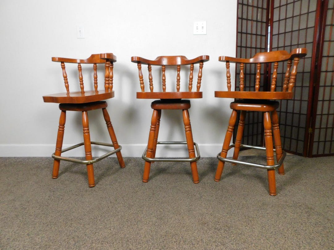3 Swivel Bar Counter Stool Cherry Finish Solid Wood Brass Foot Rail ...