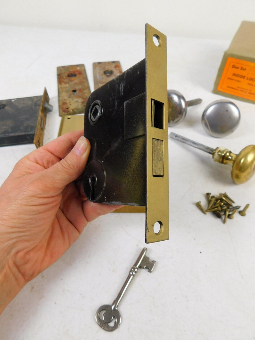 10pc Antique Door Knob Escutcheons Brass Mortise Lock Skeleton Key Lock ...