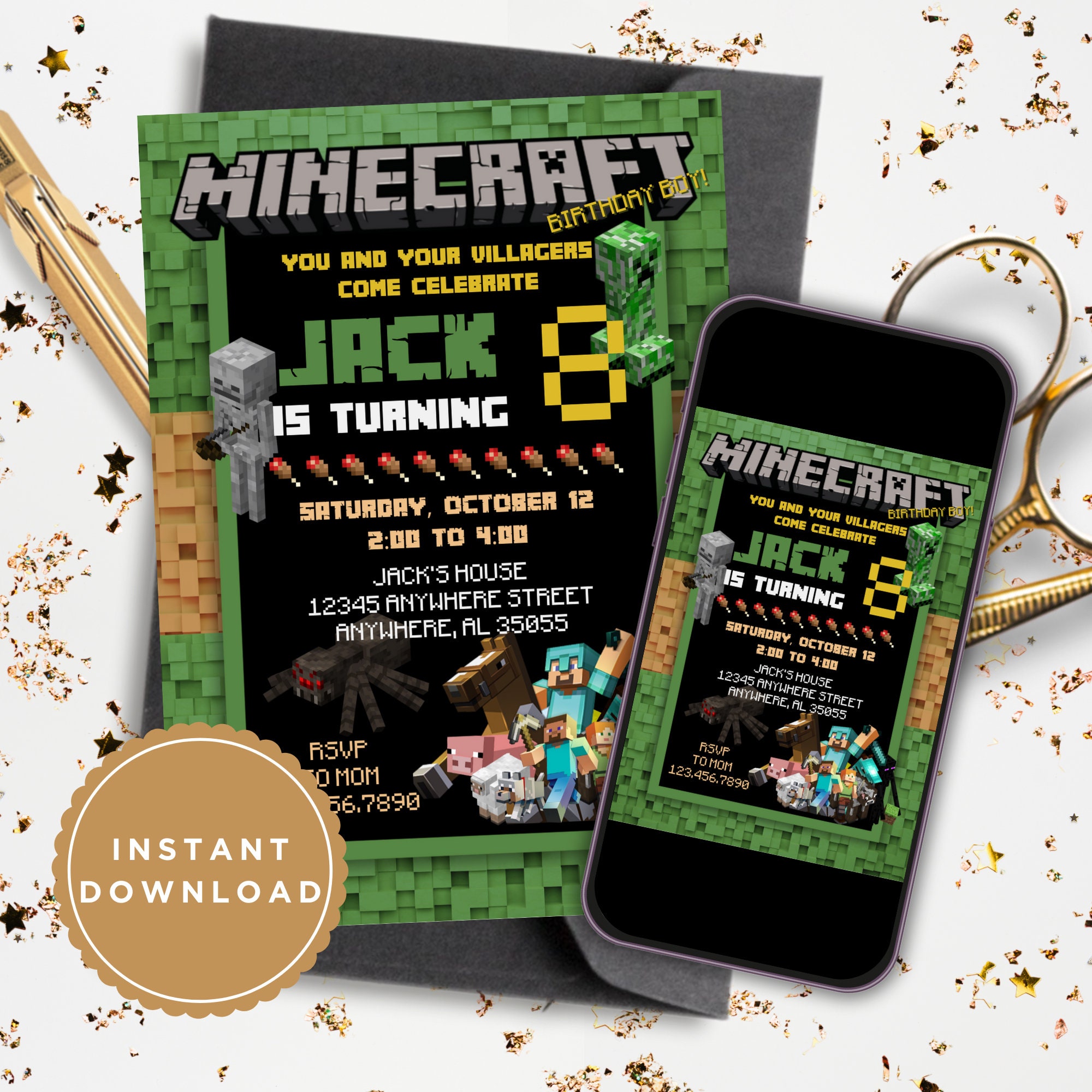 Minecraft Birthday Invitation Minecrafter Birthday Invitations - Etsy
