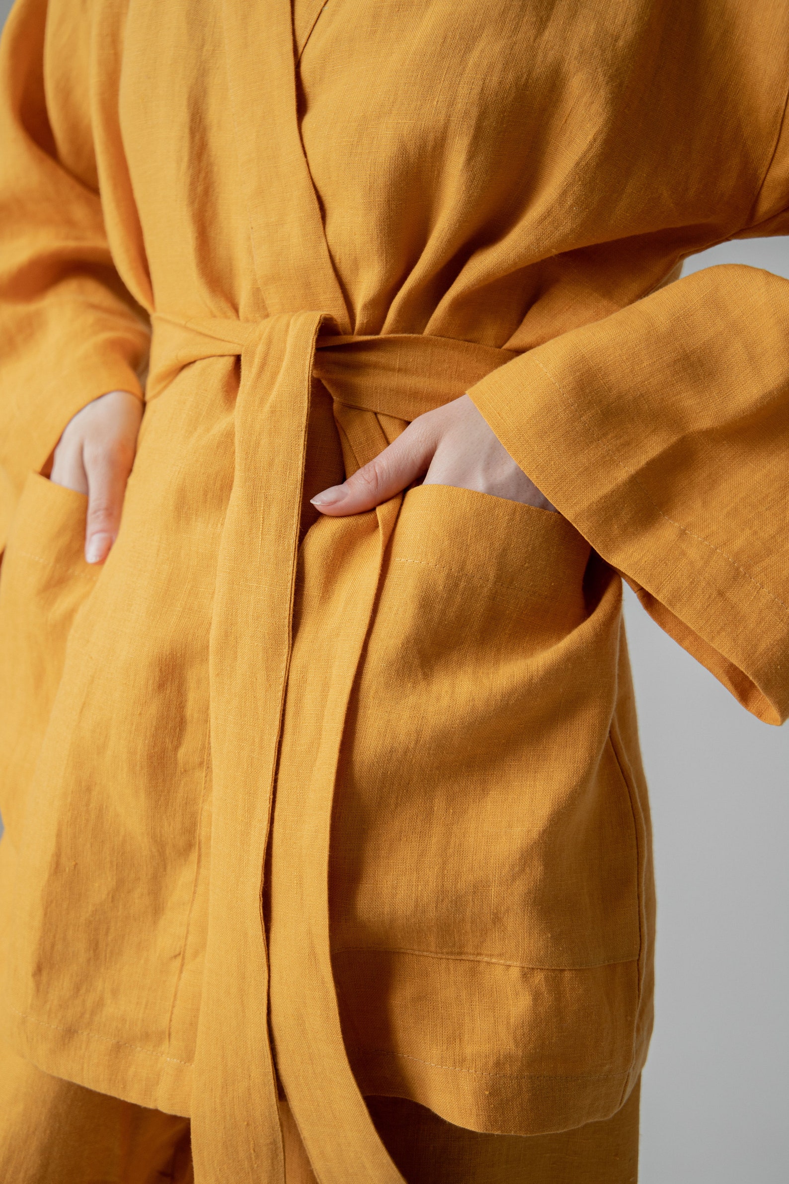 Yellow Linen Suit - Elegant Kimono Set With Long Sleeve Shirt and Wide ...