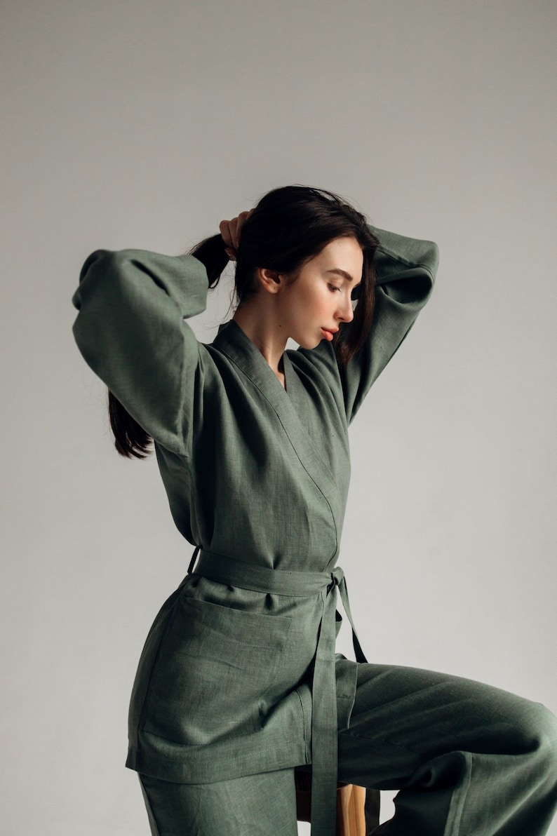 Linen Costume Women Loose Fit Flax Kimono and Pants Fern Linen Set Flax ...