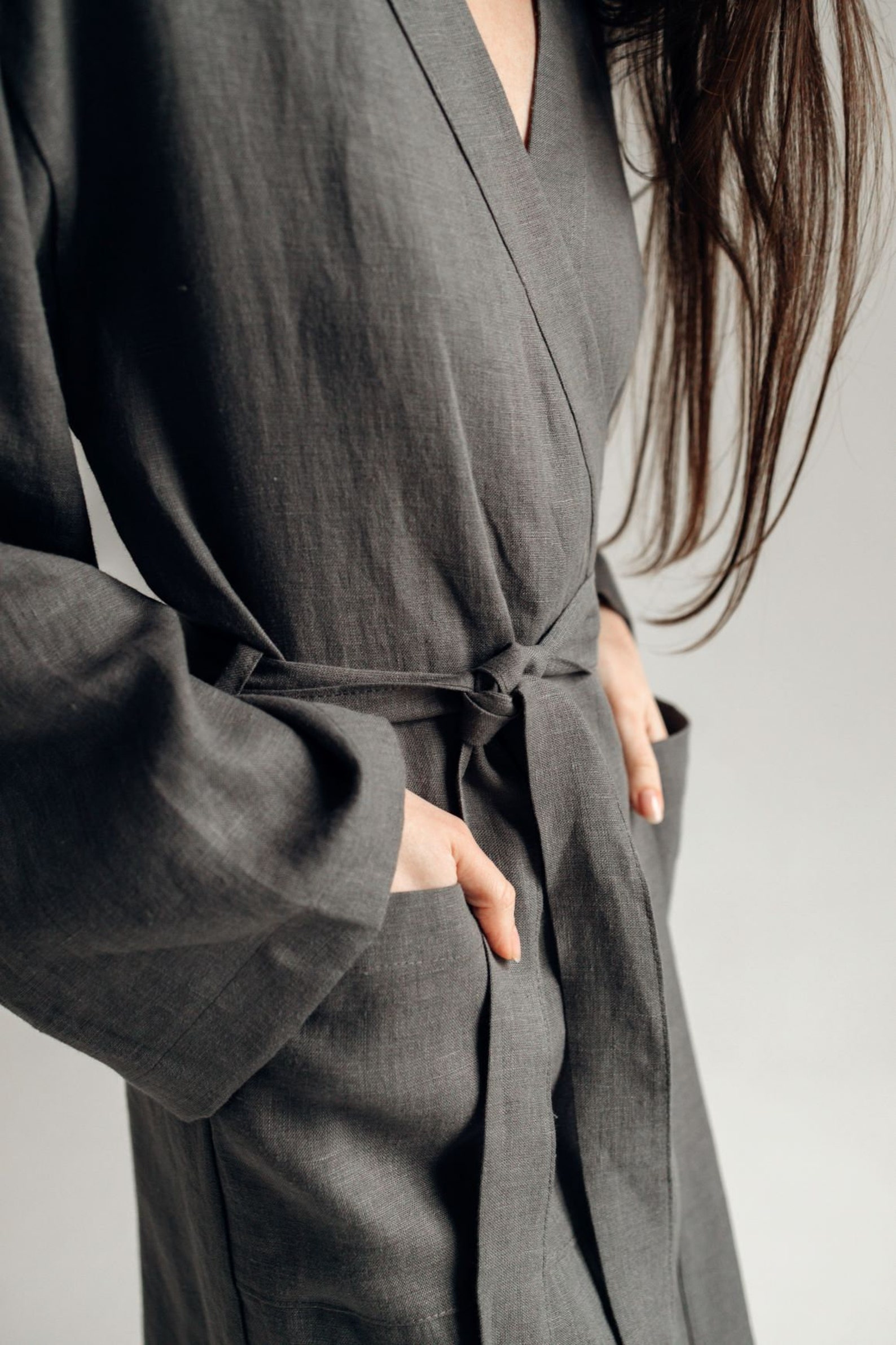 Women's Linen Robe - Grey Flax Bathrobe - Bachelorette Party Dressing ...