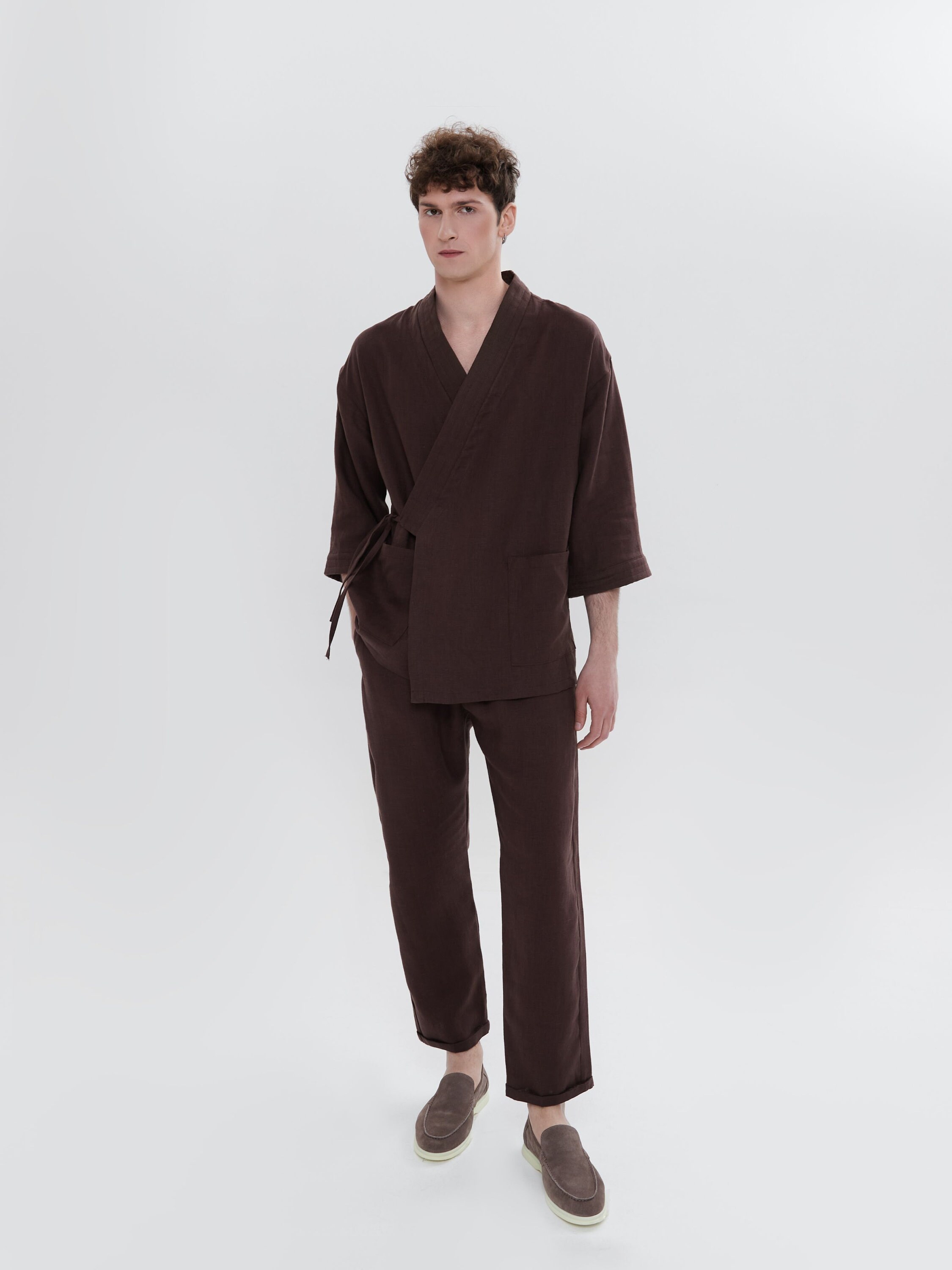 Natural Fabric Lounge Home Wear - Men's Linen Kimono Set - Japanese ...