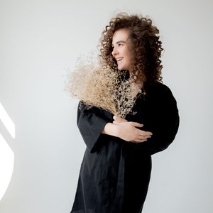 Linen Dress Robe Black Flax Bathrobe Lounge Dressing Gown Spa Relax ...