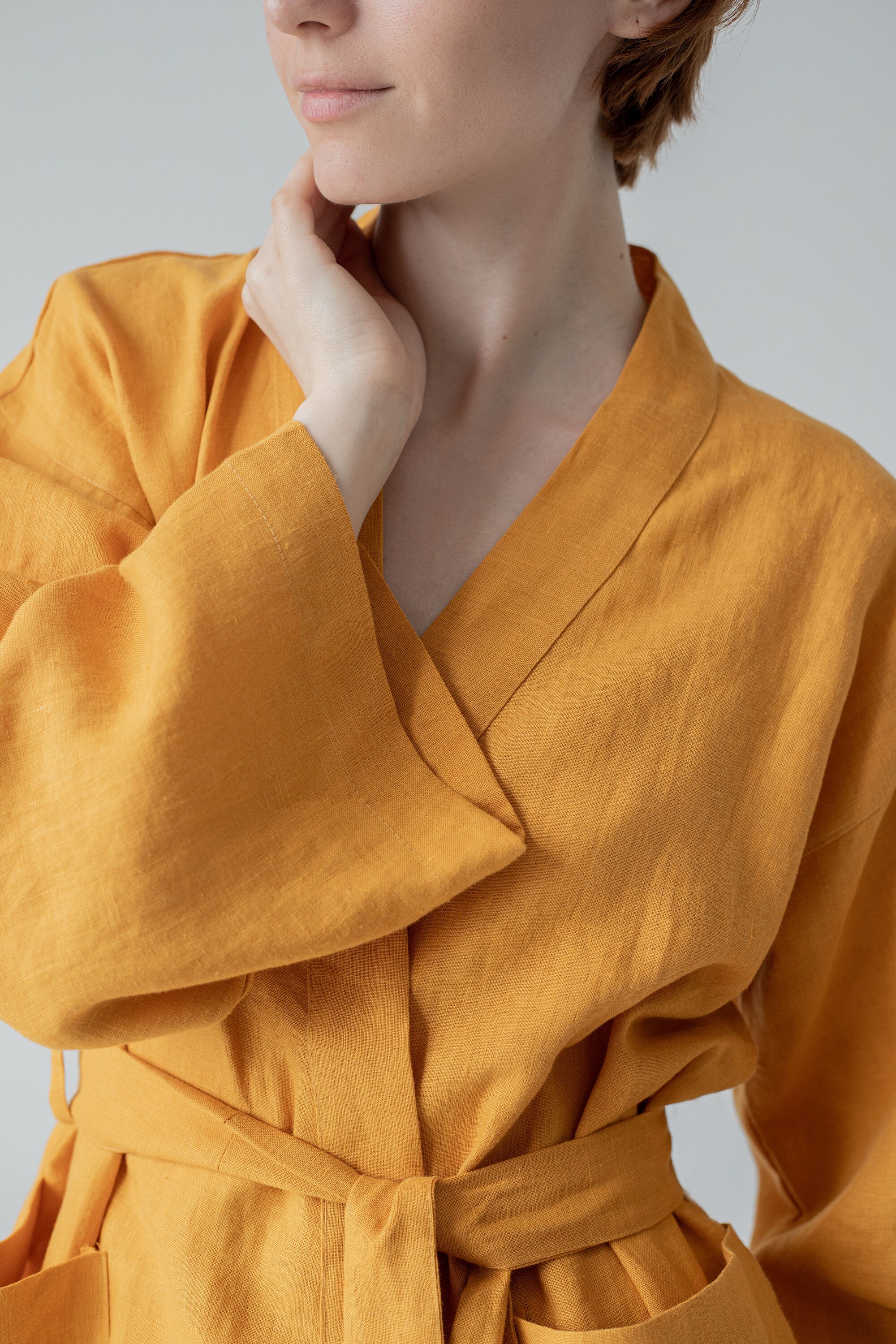 Yellow Linen Suit - Elegant Kimono Set With Long Sleeve Shirt and Wide ...