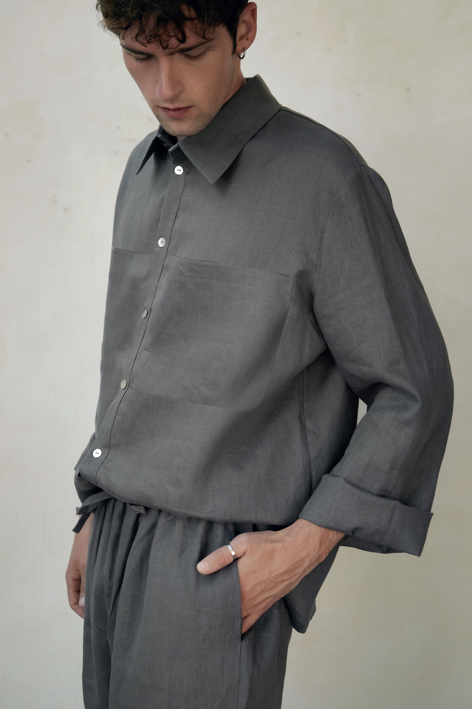 Grey Men Linen Shirt - Elegant Flax Shirt With Buttons - Lounge Wear ...