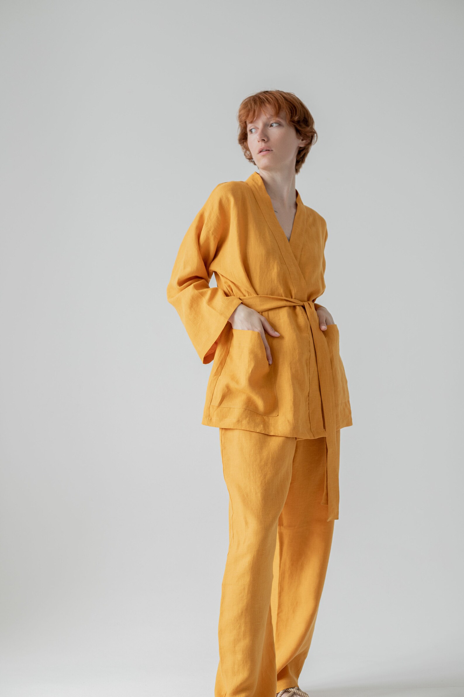 Yellow Linen Suit - Elegant Kimono Set With Long Sleeve Shirt and Wide ...