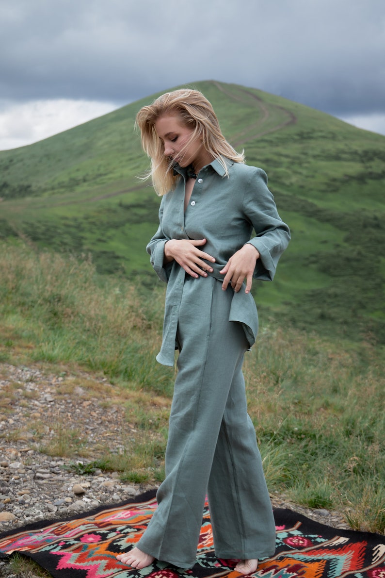 Relaxed Fit Linen Costume: Women's Lounge Wear Set - Oversized Pants ...