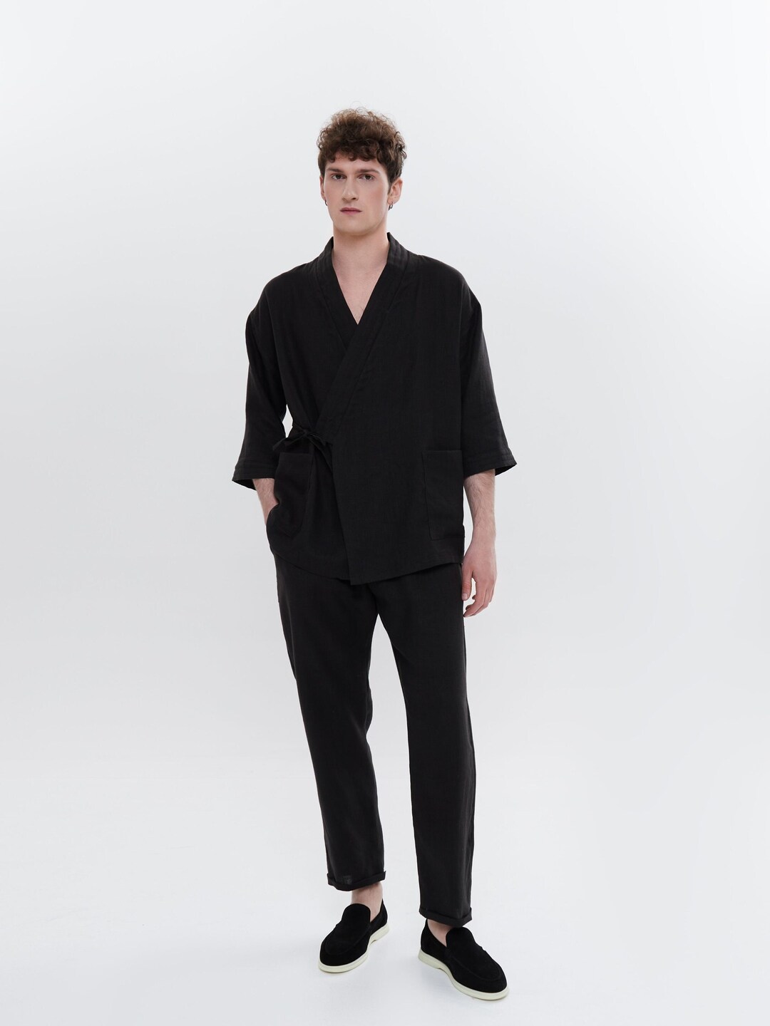 Black Kimono Set - Flax Clothes - Japanese Style Outfit - Men's Linen ...
