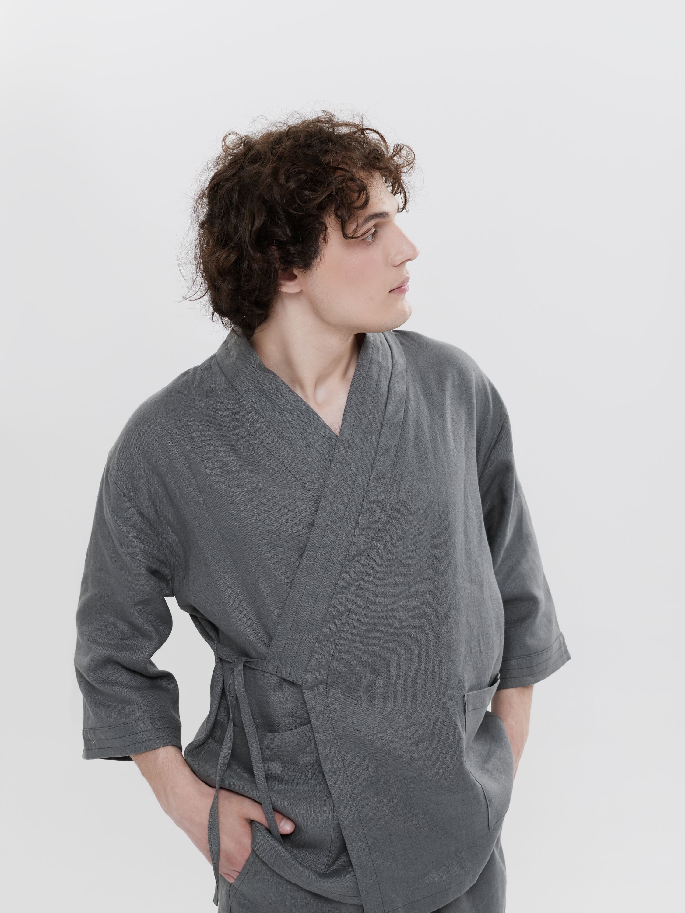 Japanese Style Outfit Men's Linen Kimono Set Natural Fabric Lounge Home ...