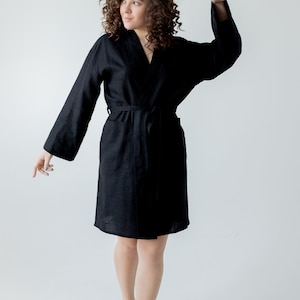 Linen Dress Robe Black Flax Bathrobe Lounge Dressing Gown Spa Relax ...