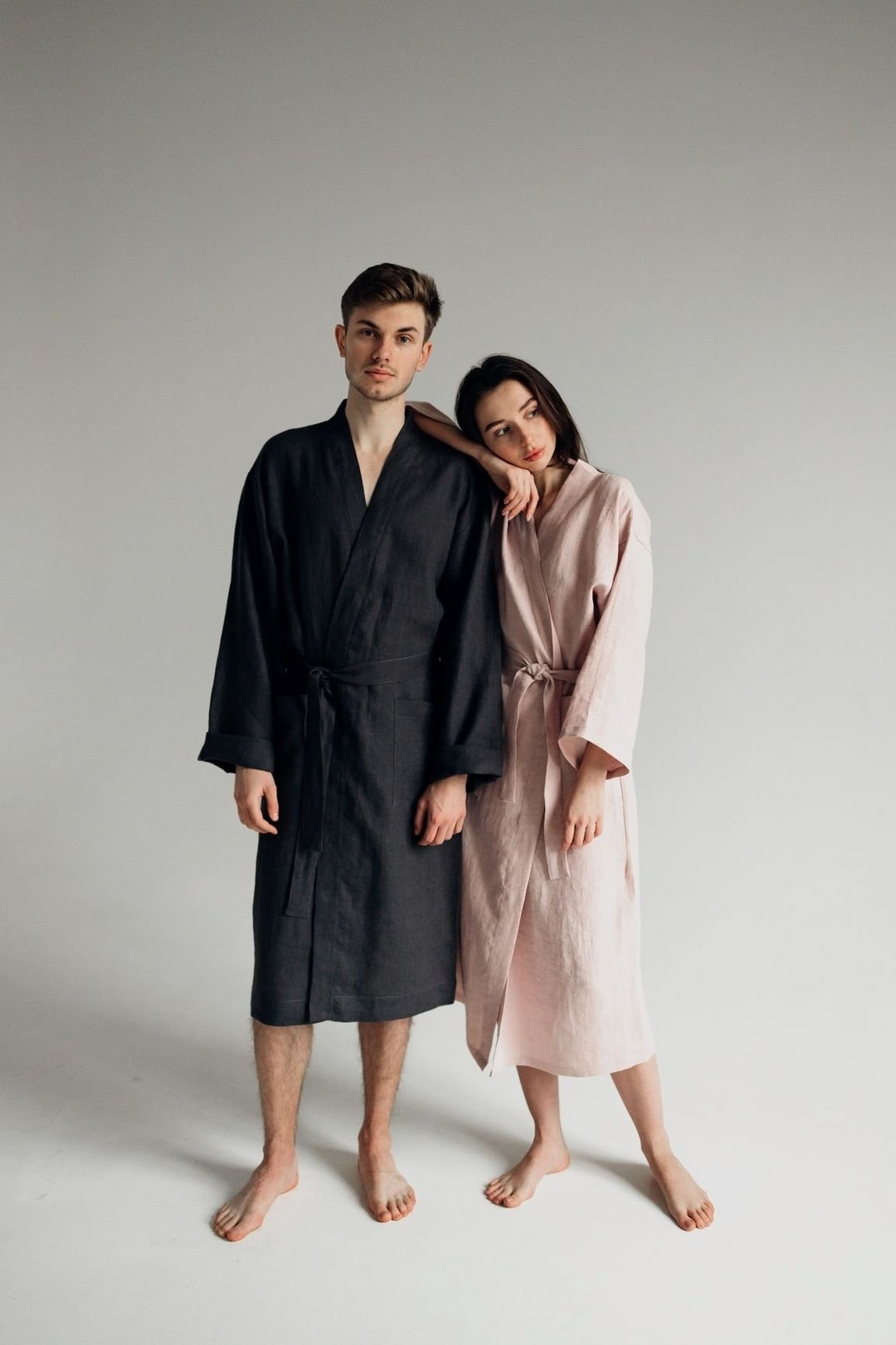 Couples Matching Linen Robe Set Men Linen Home Wear Woman Flax Bathrobe ...