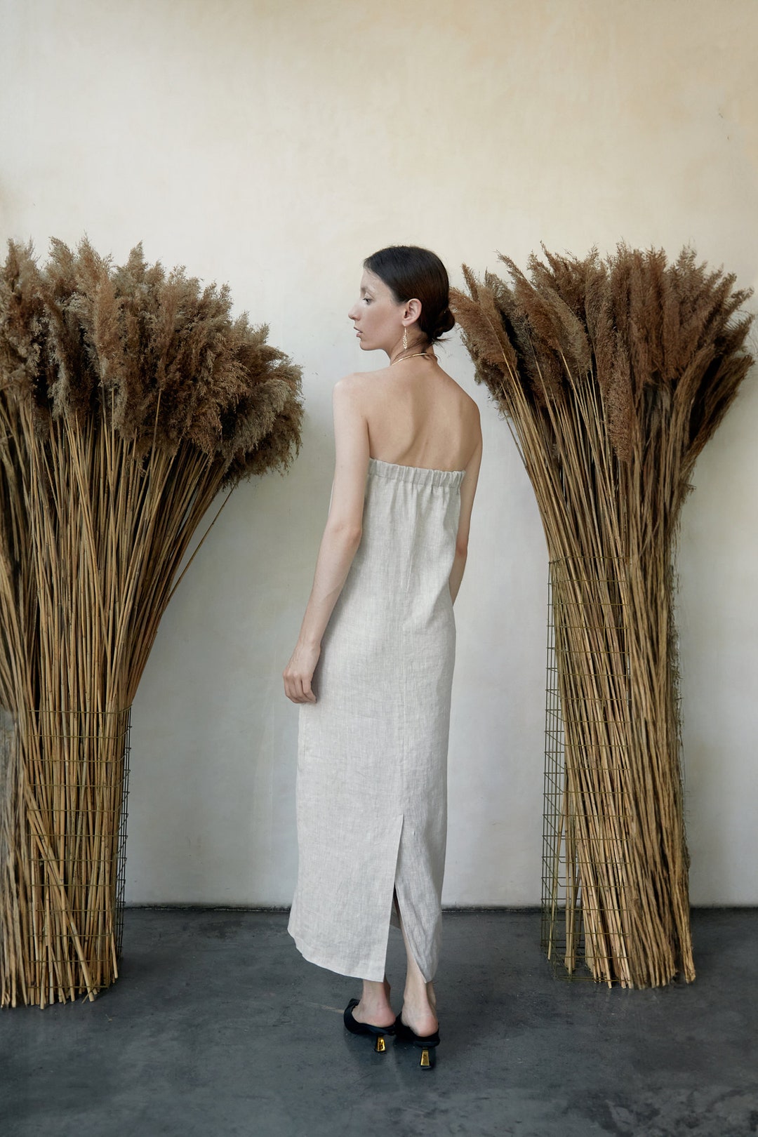 Summer Woman Outfit - Linen Midi Dress With Embroidery - Strapless ...