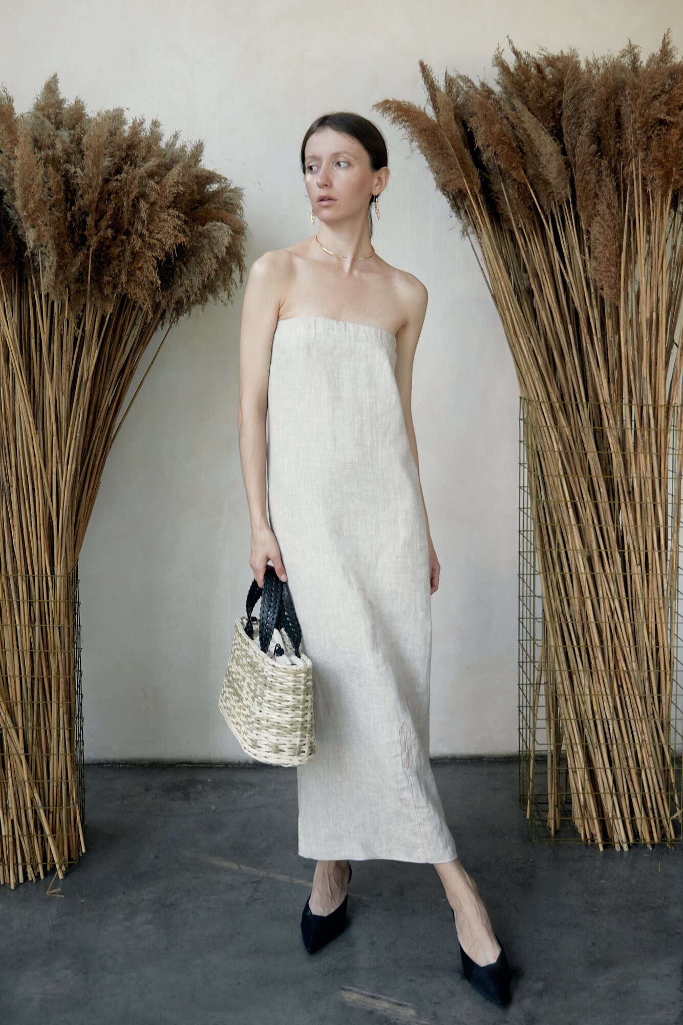 Summer Woman Outfit - Linen Midi Dress With Embroidery - Strapless ...