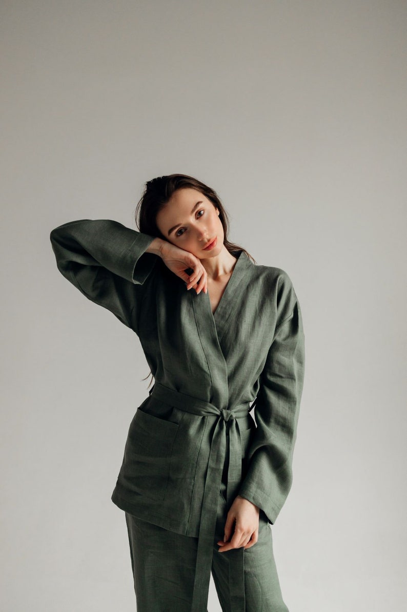 Linen Costume Women Loose Fit Flax Kimono and Pants Fern Linen Set Flax ...