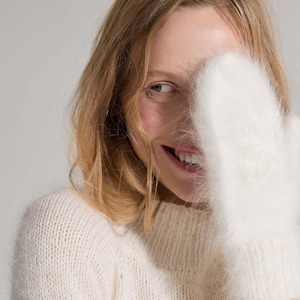 Gloves From Premium Angora Wool Embroidered Hand-knitted Gloves in Soft Milk Color perfect Gift ...