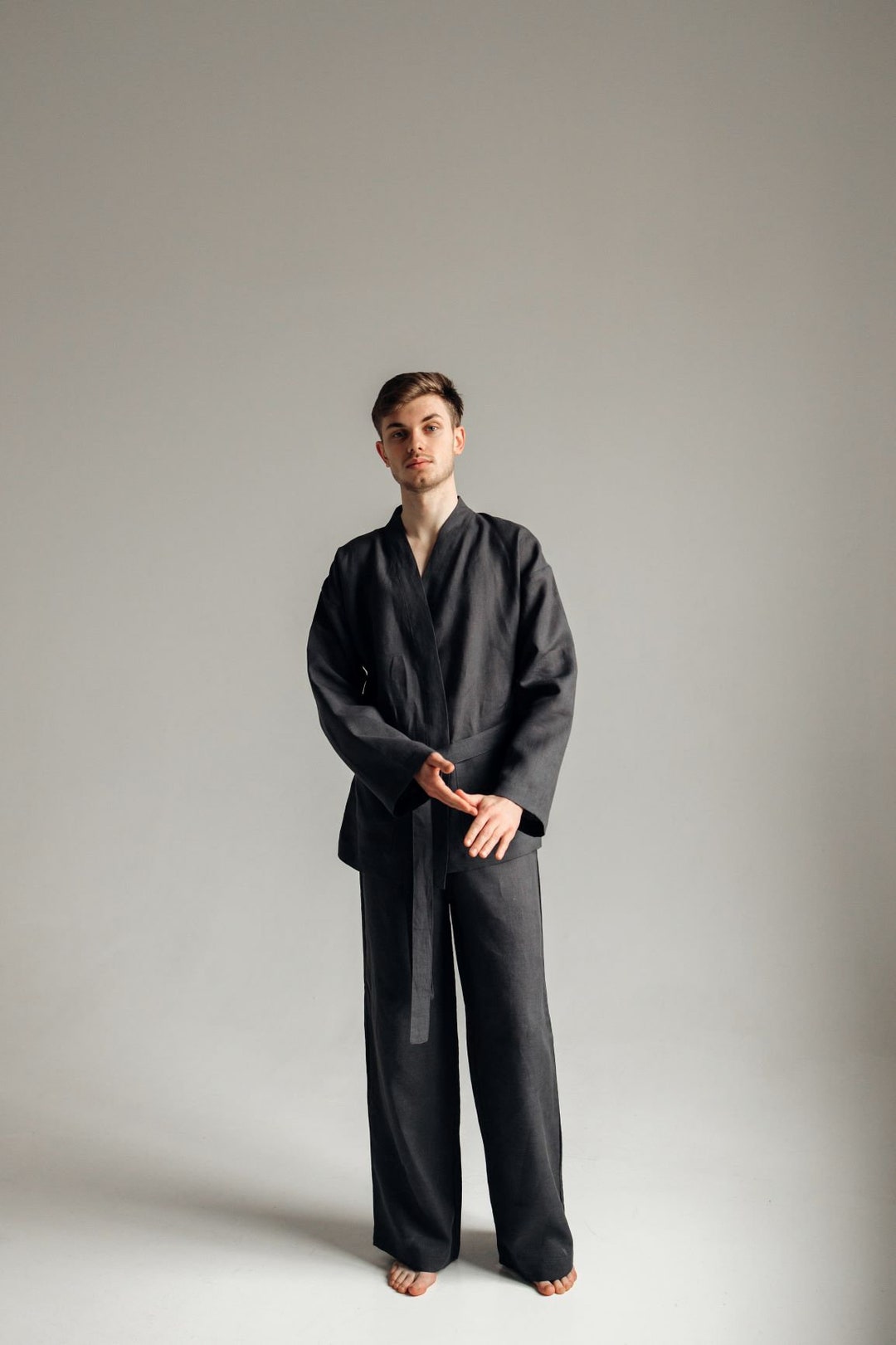 Men's Linen Kimono Set Natural Fabric Lounge Home Wear Flax Comfy ...