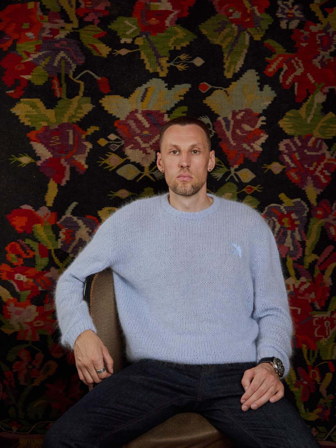 Men’s Blue Angora Sweater – Hand Knitted Oversized Jumper With “swallow ...