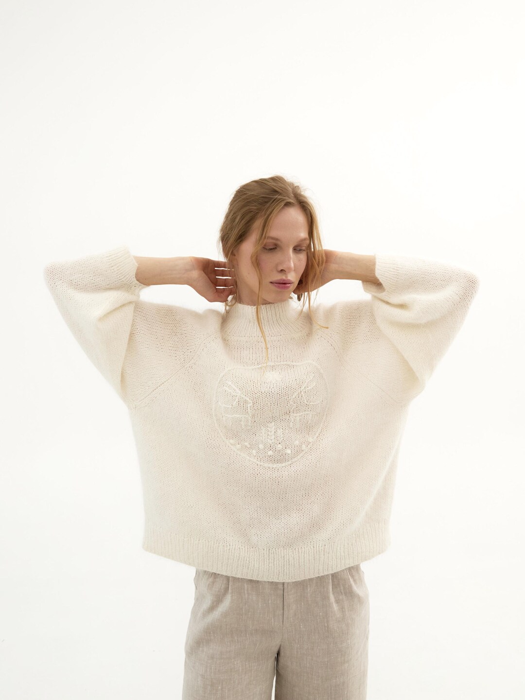 Cozy Hand-knitted Angora Wool Sweater for Women - Light Beige With ...