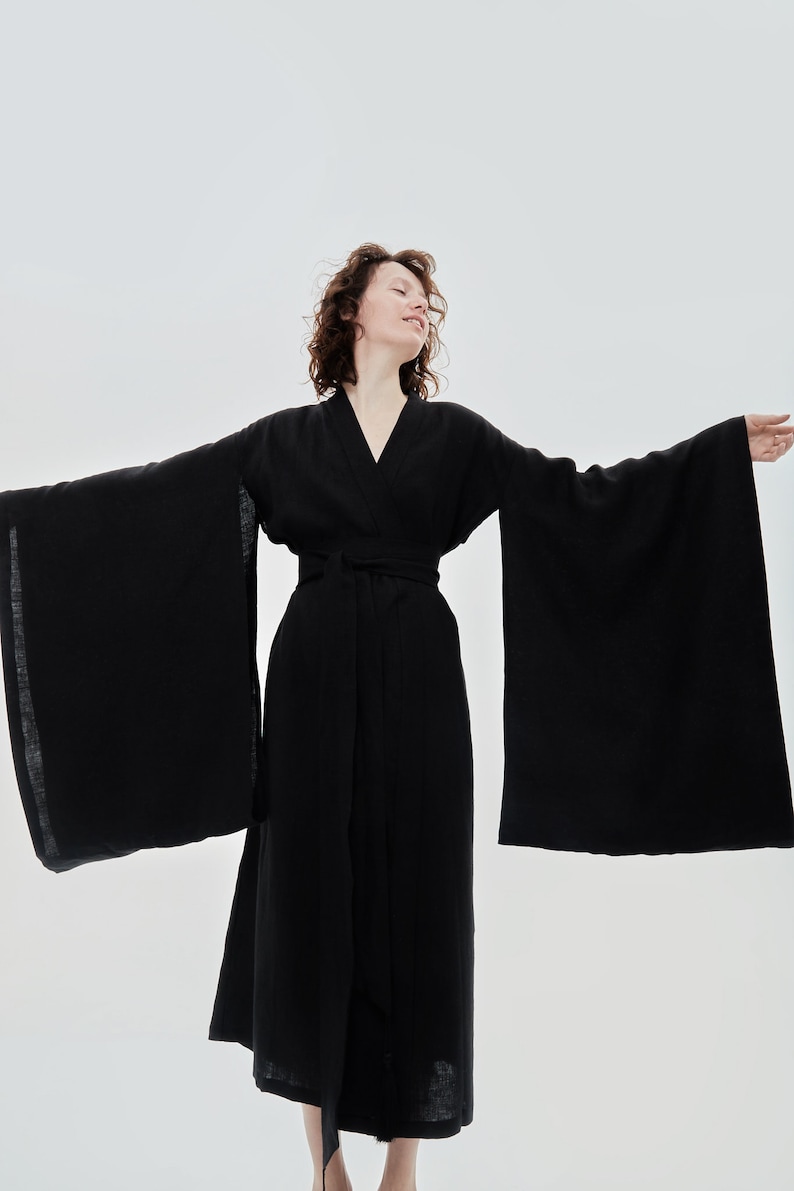 Japanese Style Coat Linen Kimono With Belt Long Sleeves Women Organic ...
