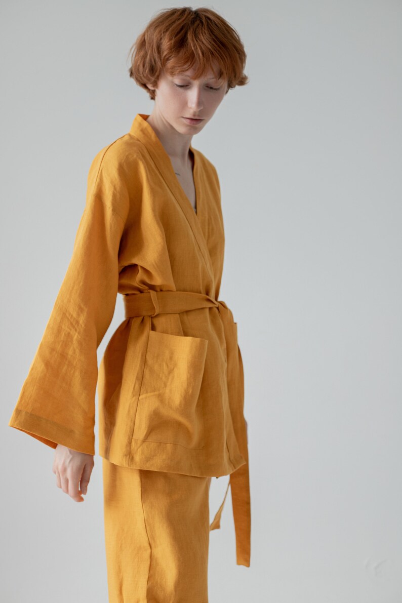 Yellow Linen Suit - Elegant Kimono Set With Long Sleeve Shirt and Wide ...