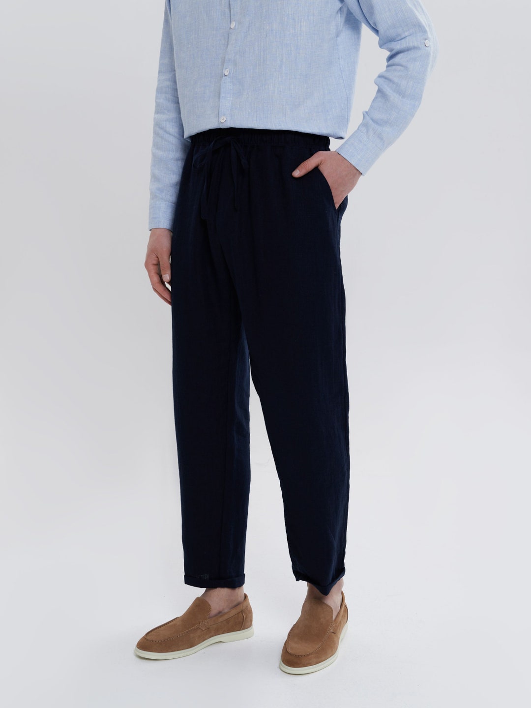 Old Money Style - Natural Linen Pants Men - Casual Style - Dark Blue ...