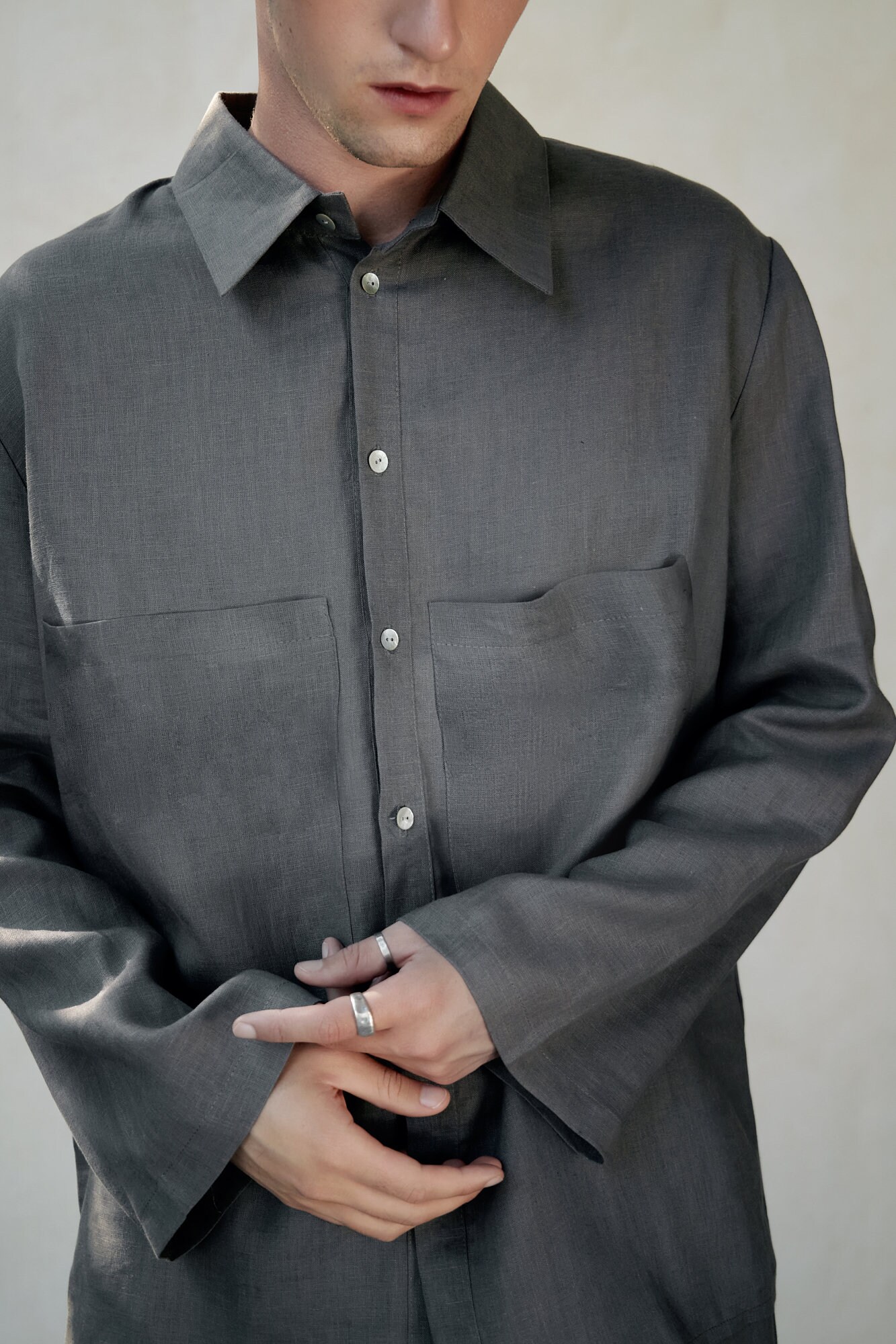 Grey Men Linen Shirt - Elegant Flax Shirt With Buttons - Lounge Wear ...