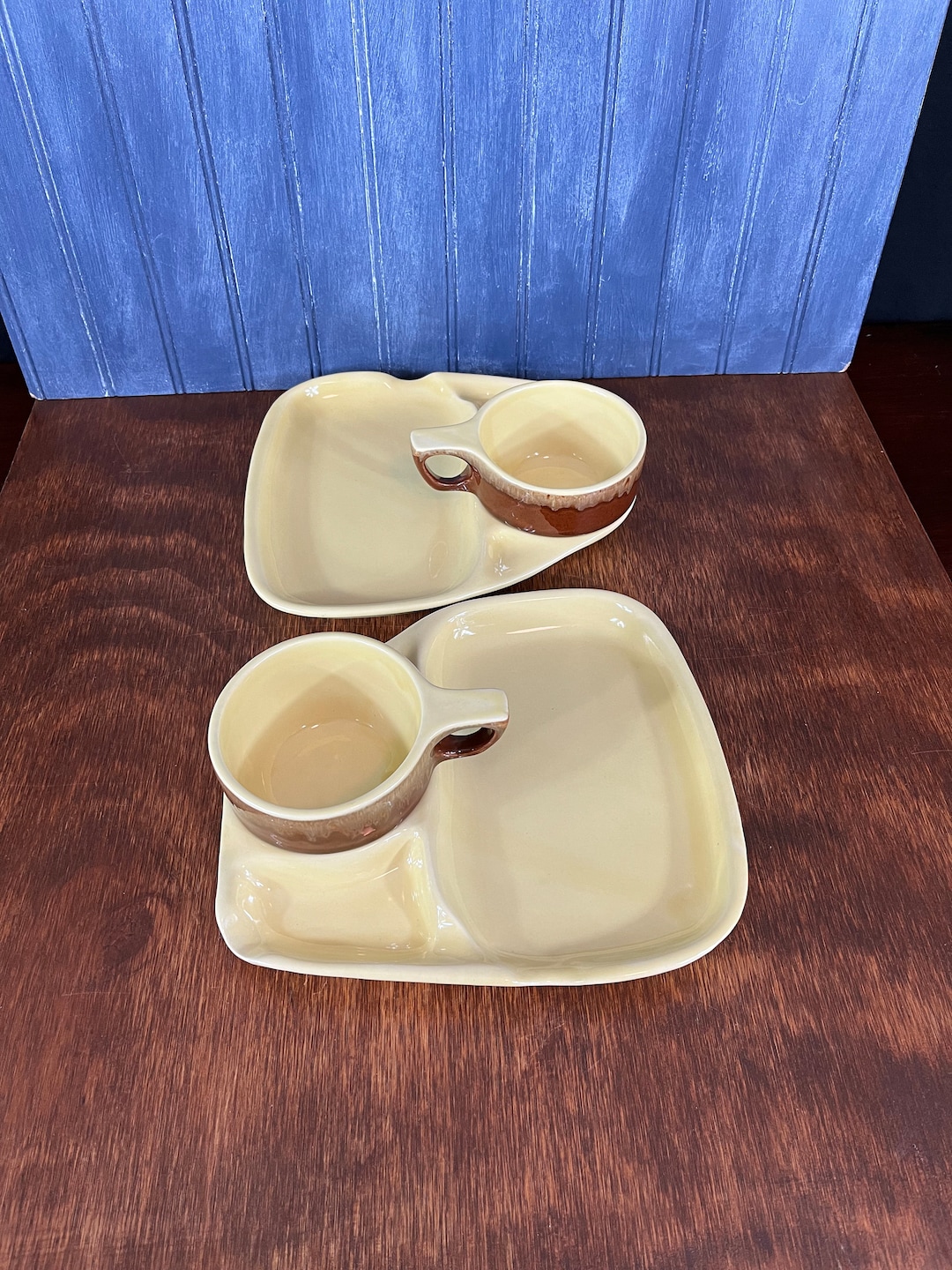 Set of Two Vintage Rubel Ceramic Snack Sets - Yellow and Brown Drip ...