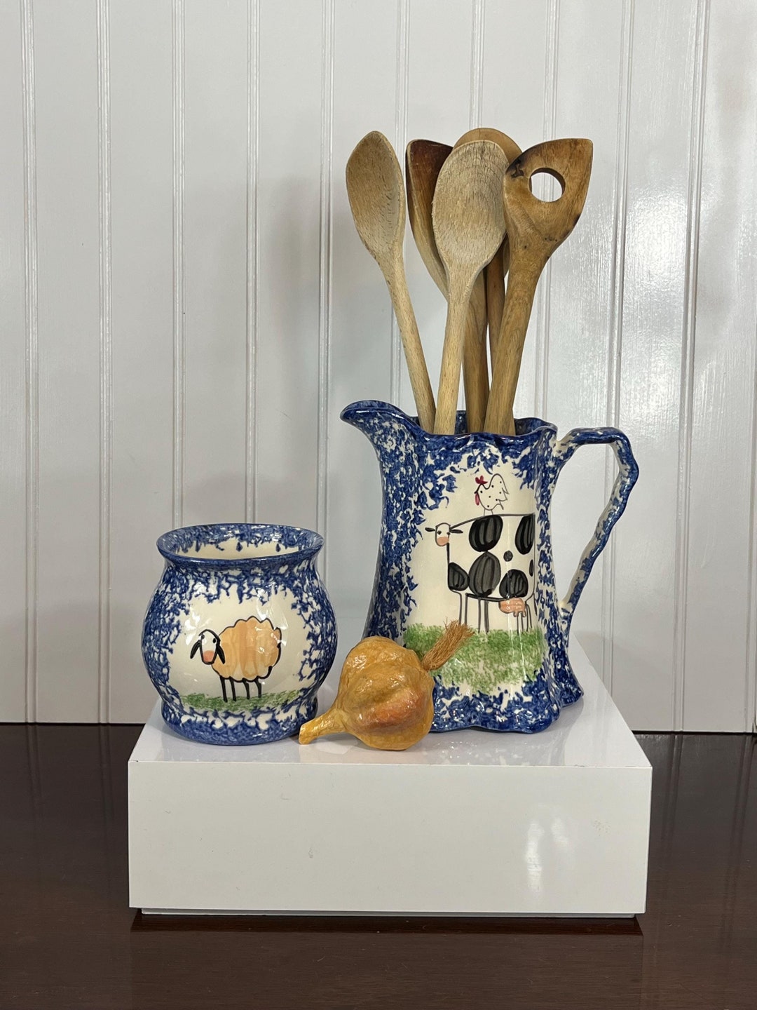 Vintage Molly Dallas Blue Spatterware Pottery – 6-sided 6" Pitcher With ...