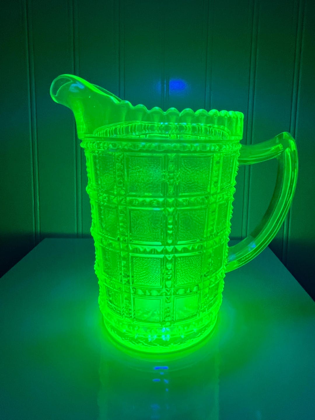 Antique Imperial Glass Green "beaded Block" Uranium Glass Pitcher ...