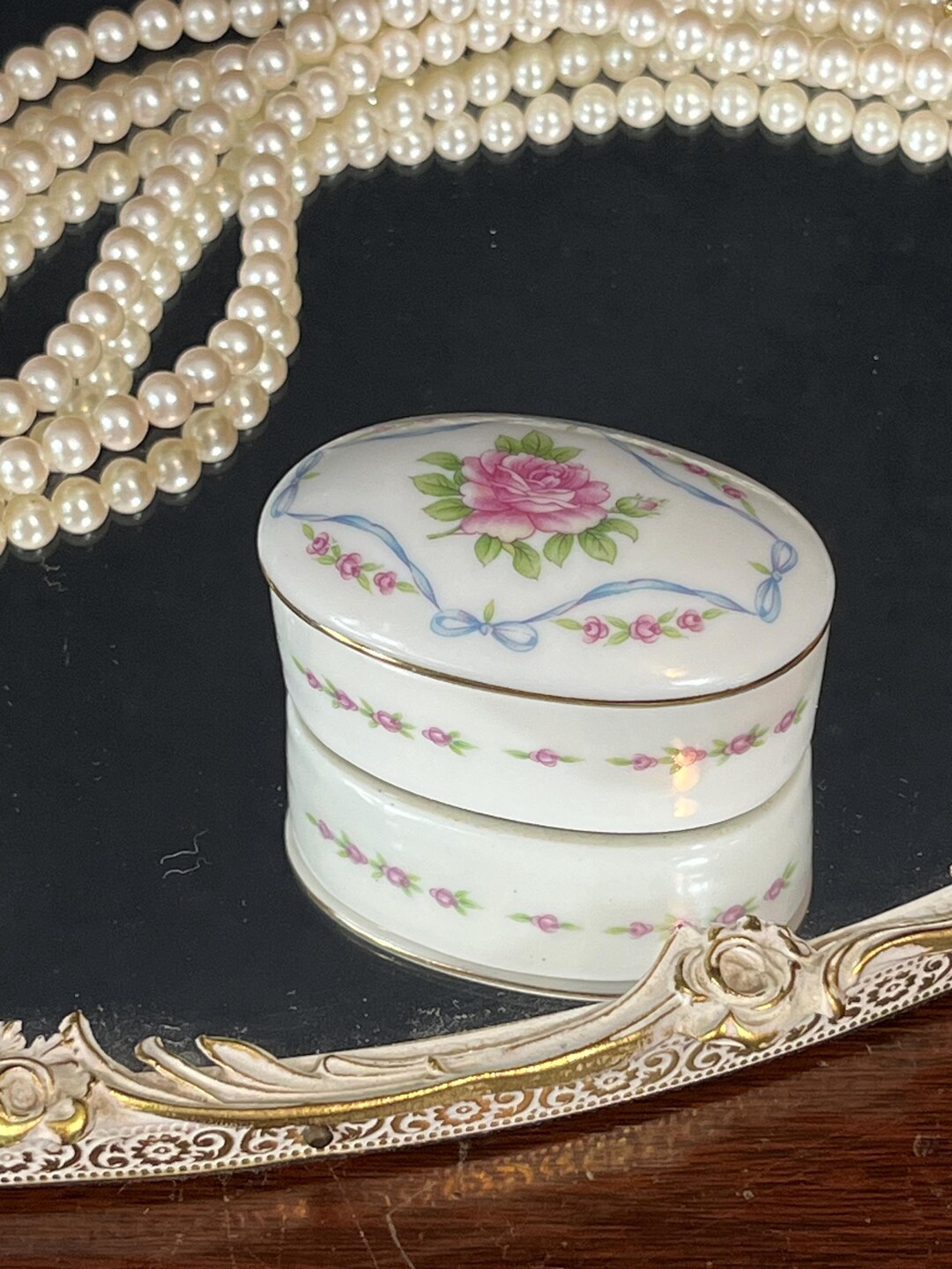 Vintage Lefton China Covered Trinket Box – Oval Porcelain Keepsake With ...