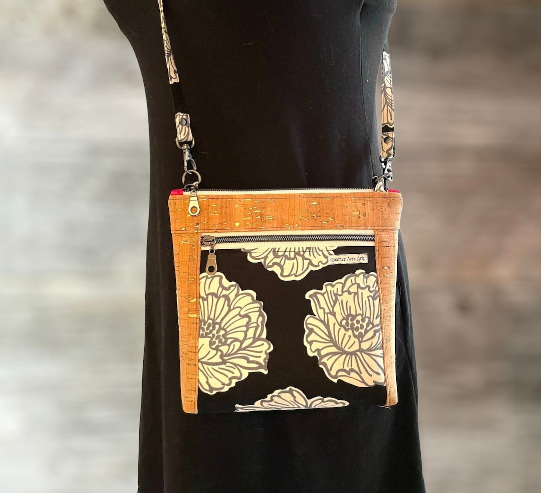 Floral Barkcloth Crossbody Bag, Double Zipper Pouch, Crossbody Purse ...