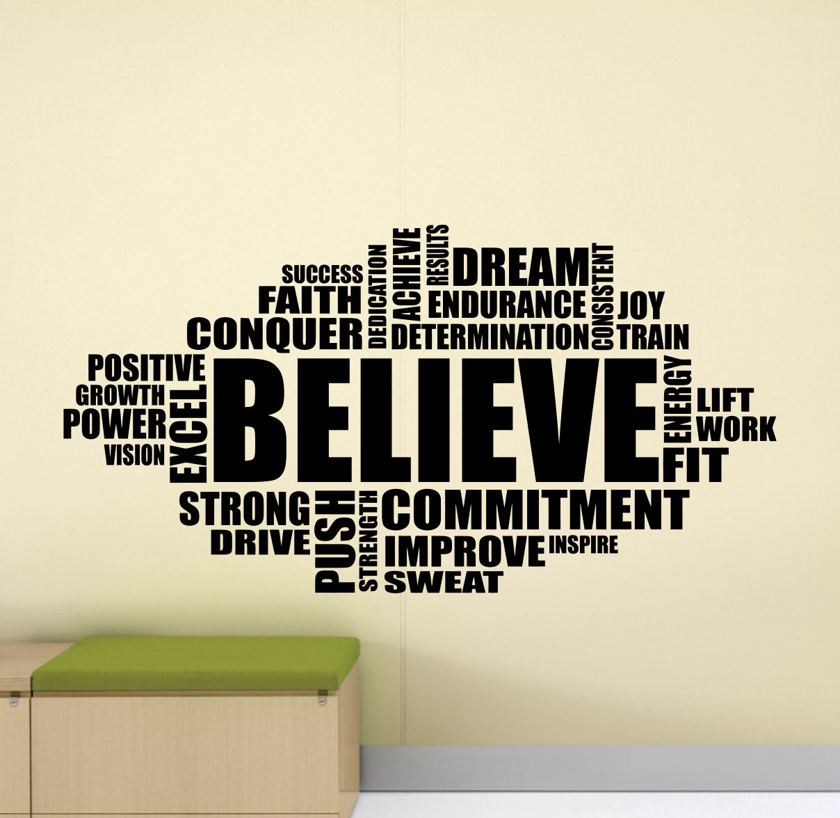 Gym Wall Decal Believe Motivational Fitness Quote Word Cloud Poster ...