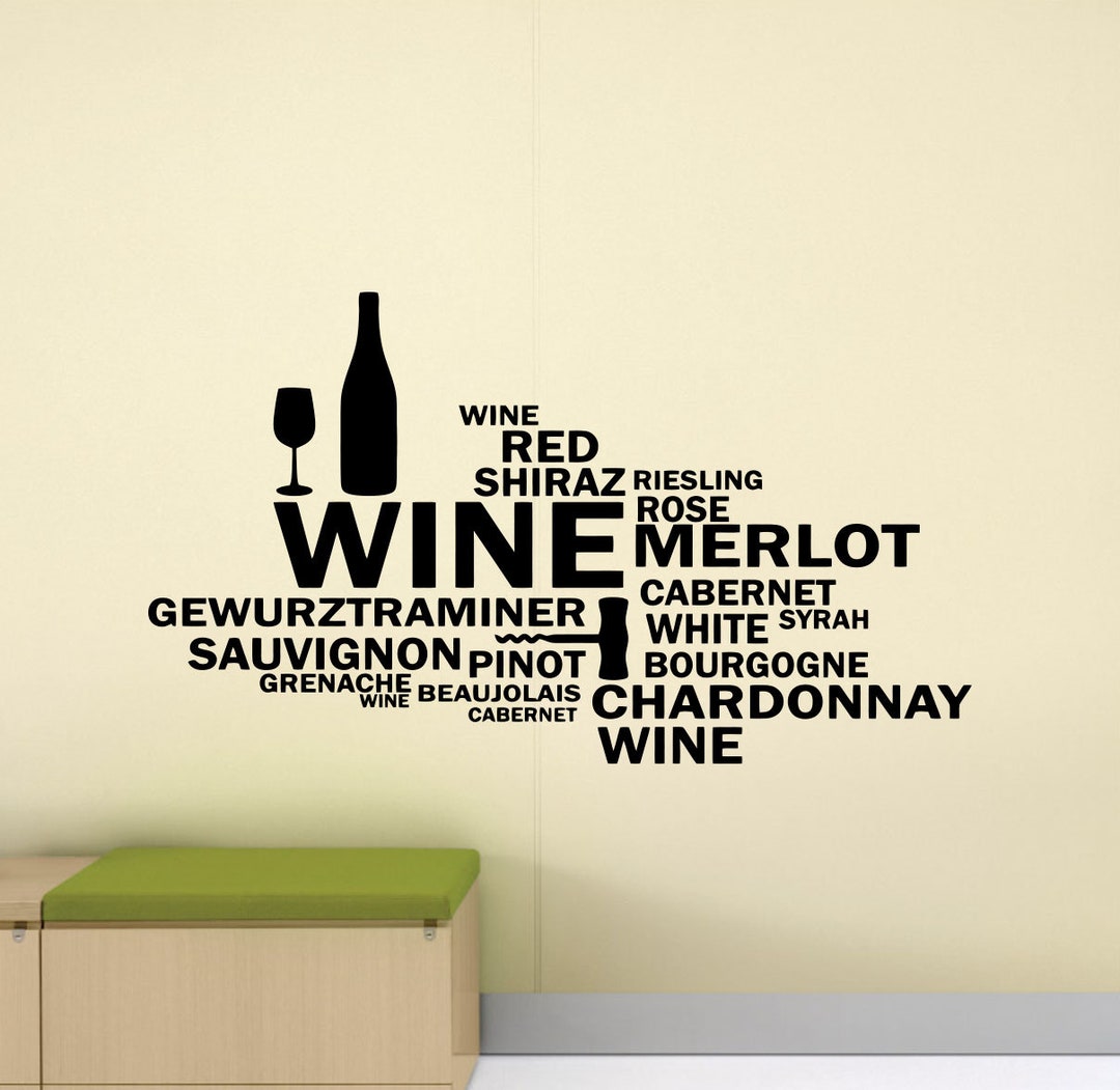 Wine Wall Decal Kitchen Poster Word Cloud Dining Room Wine Quote Mural ...