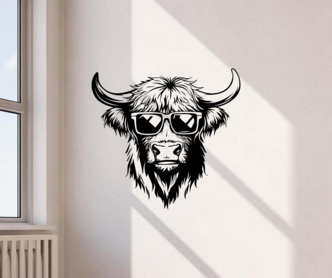 Highland Cow Wall Decal Vinyl Sticker Cow in Sunglasses Decor Farm Sign ...