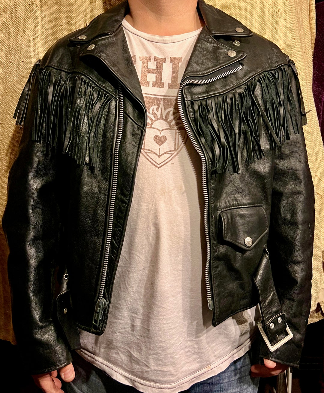 Vintage Fringe Black Motorcycle Jacket Size 46 FREE SHIPPING - Etsy