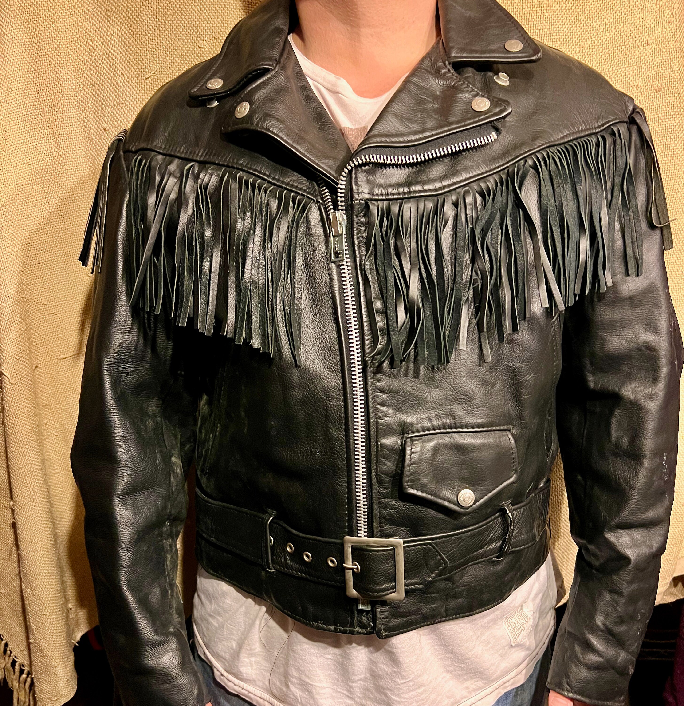 Vintage Fringe Black Motorcycle Jacket Size 46 FREE SHIPPING - Etsy