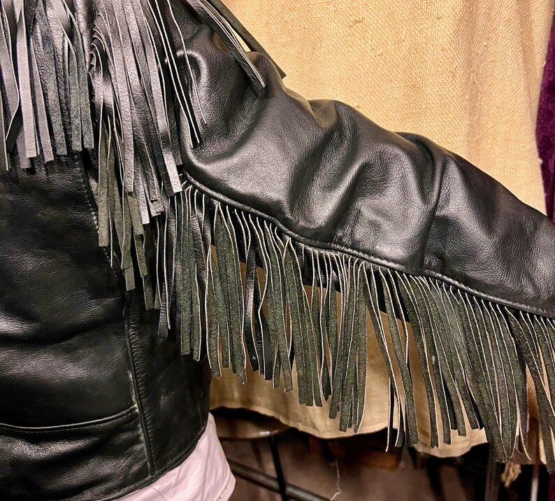 Vintage Fringe Black Motorcycle Jacket Size 46 FREE SHIPPING | Etsy