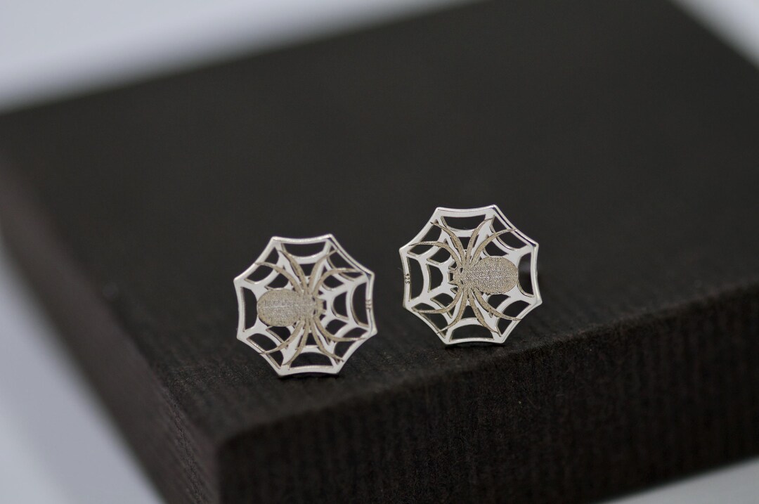 Spider Cobweb Earrings, Silver Halloween Spider Studs, Halloween ...