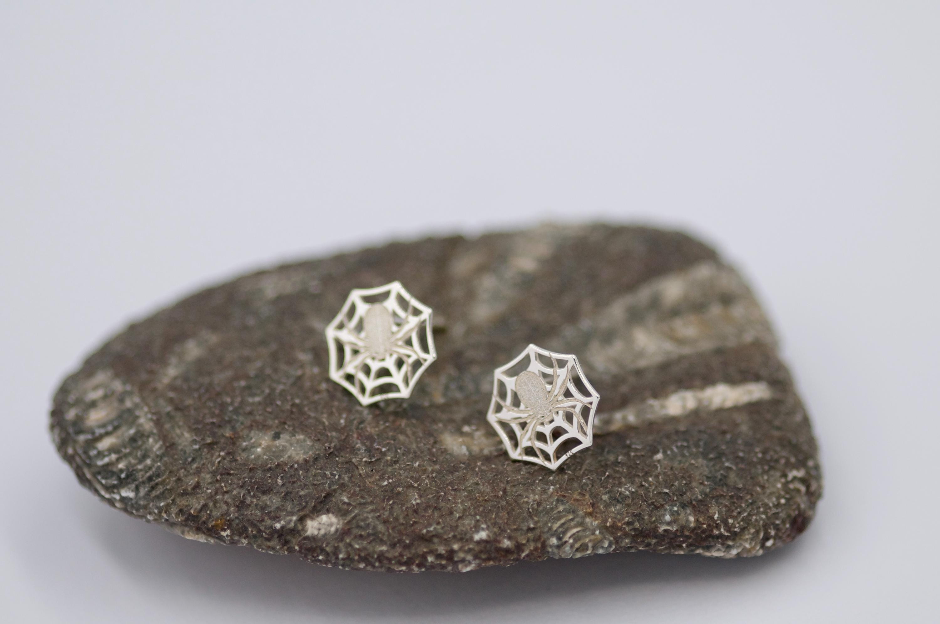 Spider Cobweb Earrings, Silver Halloween Spider Studs, Halloween ...