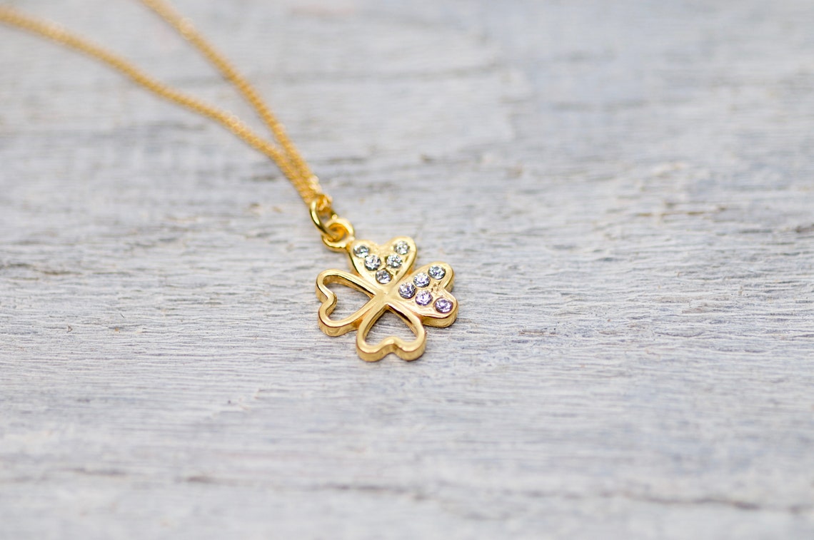 Lucky Clover Charm Necklace 24k with Tiny Swarovski Crystals | Etsy